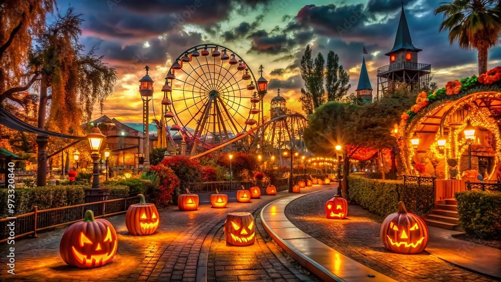 Frightful festivities await at a spooky theme park on dark autumn ...