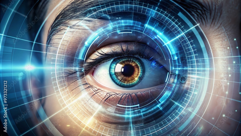 Futuristic robotic eye scanning digital interface with complex ...