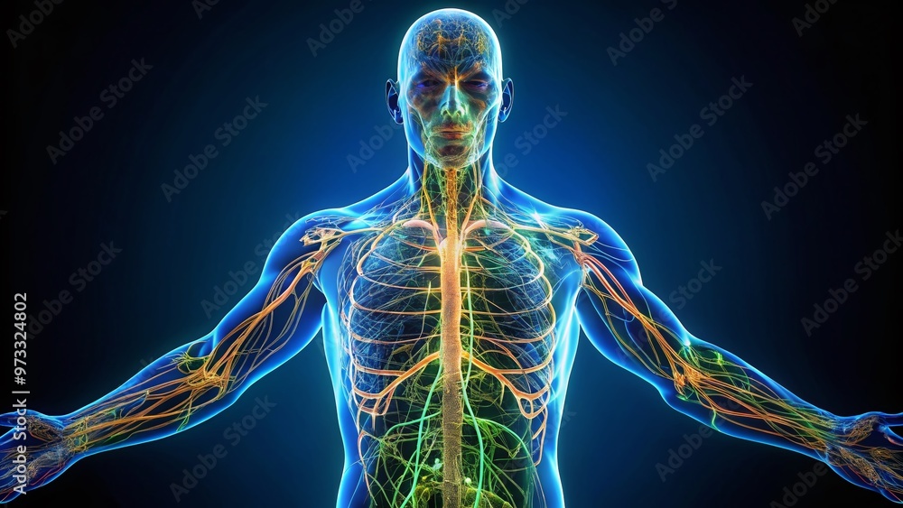 Illuminated 3D illustration of the human lymphatic system, showcasing ...