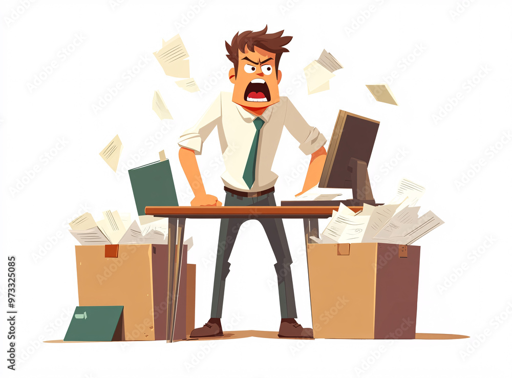 Frustrated businessman in chaotic office environment showing stress and ...