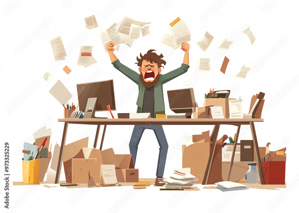 Frustrated businessman in chaotic office environment showing stress and ...