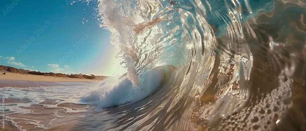 a stunning moment inside a large, curling wave just before it breaks ...