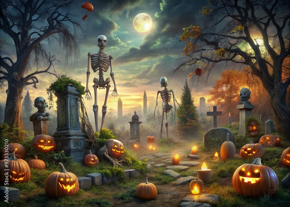 Ominous graveyard scene at dusk features towering skeletal sentinels ...