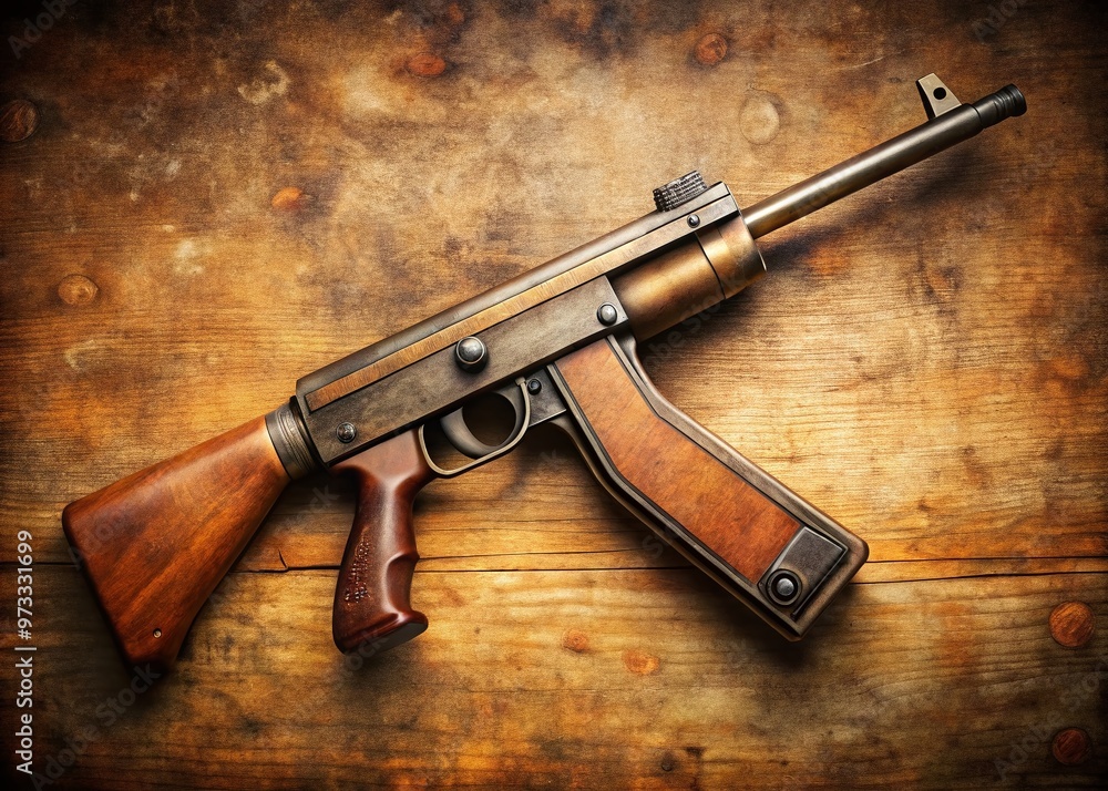 Retro-style illustration of a classic World War II-era submachine gun ...