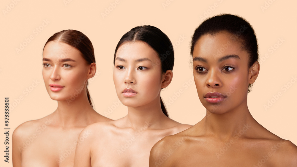 Portrait Of Three Beautiful Diverse Girls Posing Standing Over White ...