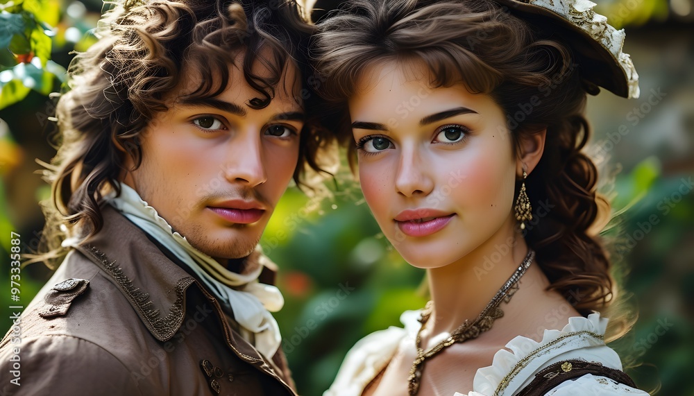 Regency romance captured in a vibrant floral garden with a charming ...