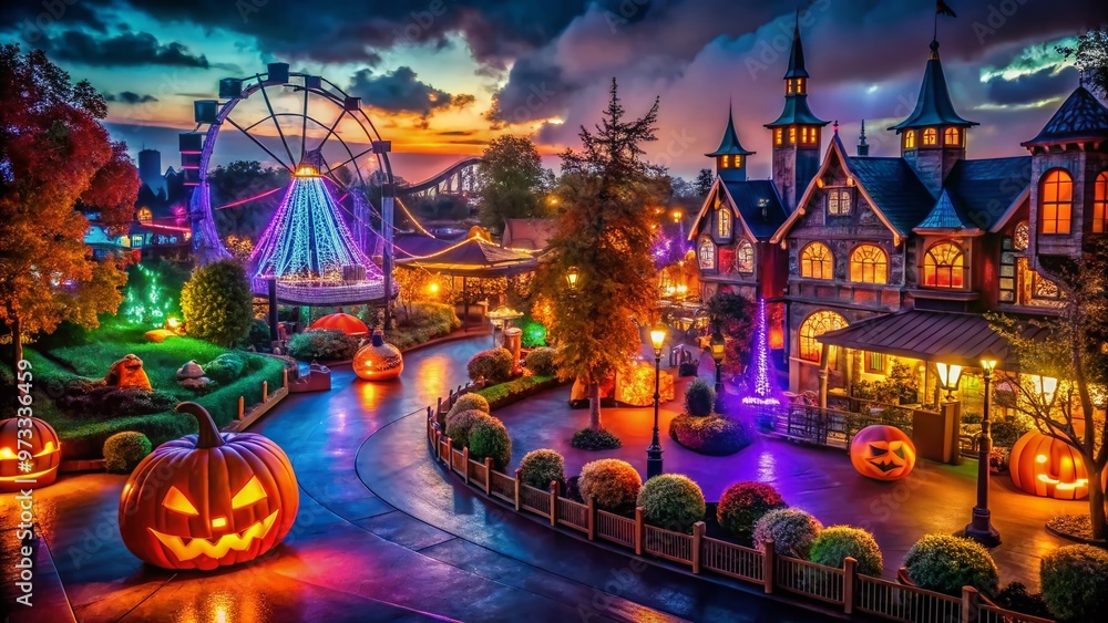Spooky atmospheric nighttime scene at a popular theme park's annual ...