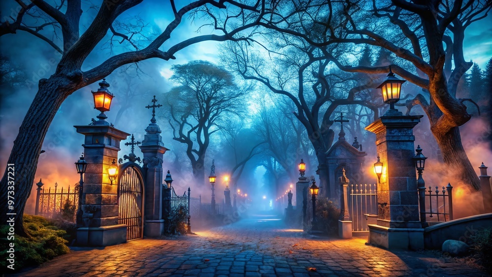 Spooky cemetery entrance with fog, twisted trees, and eerie lighting ...