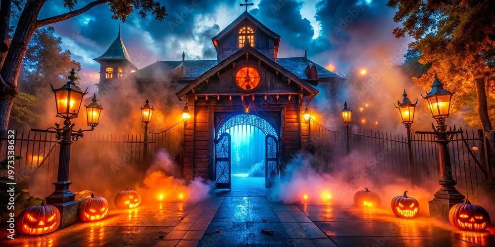 Spooky fog envelops a dimly lit haunted house entrance, beckoning ...