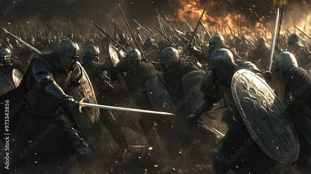 A large army of medieval knights charges into battle, swords raised and ...