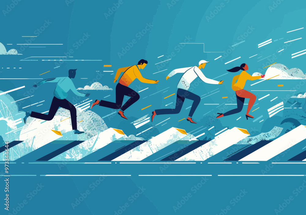 Team Overcoming Business Obstacles Illustrative Vector, Workers Leaping ...