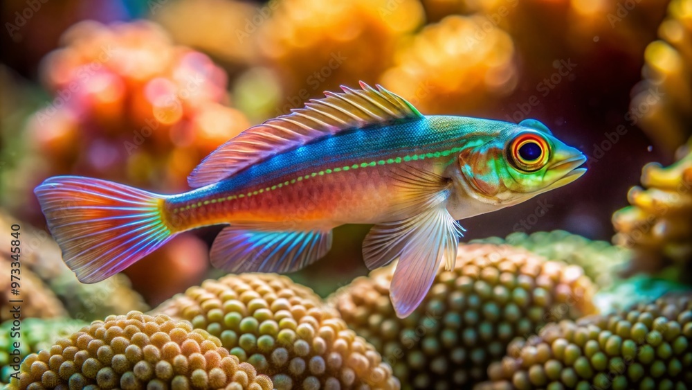 Tiny, iridescent Philippine goby swims solo in a vibrant, shallow coral ...