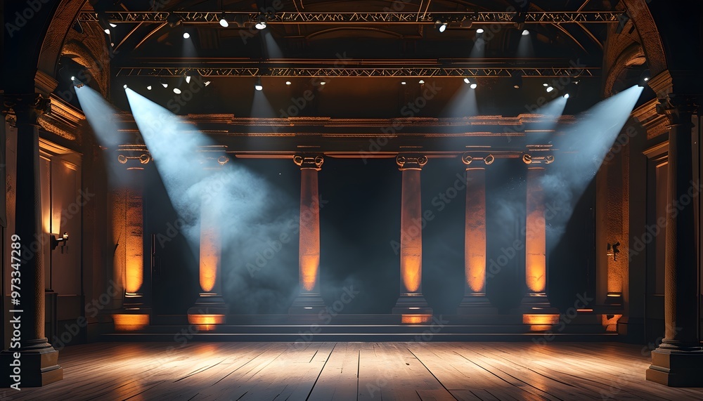 Majestic theater stage illuminated by smoky spotlights, creating a ...