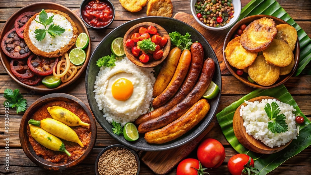 Vibrant arrangement of traditional Colombian dishes, including bandeja ...