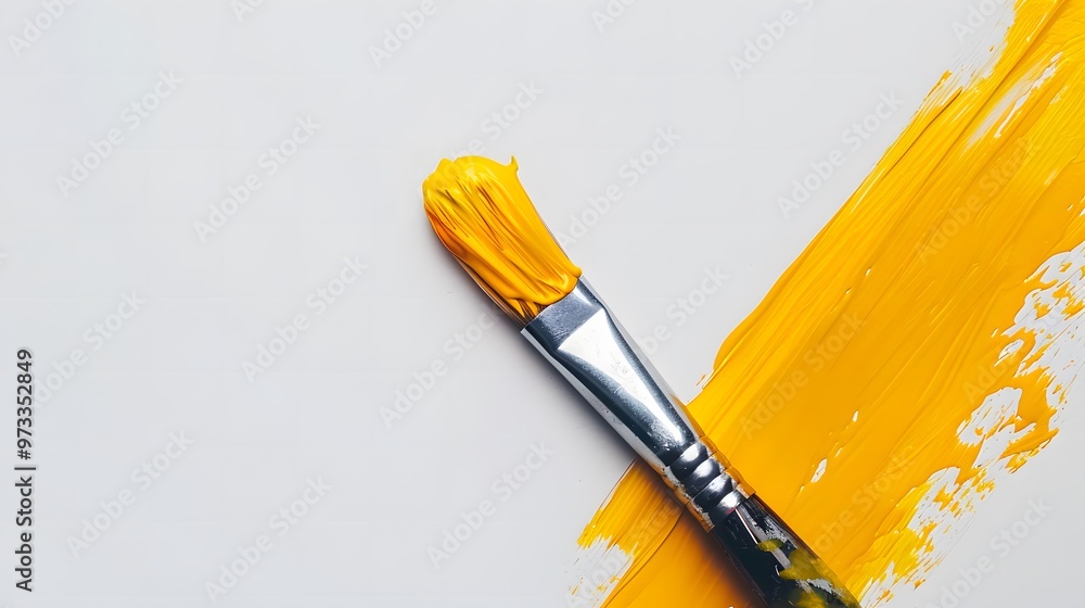 Yellow paintbrush with a bold yellow paint stroke on a white background ...