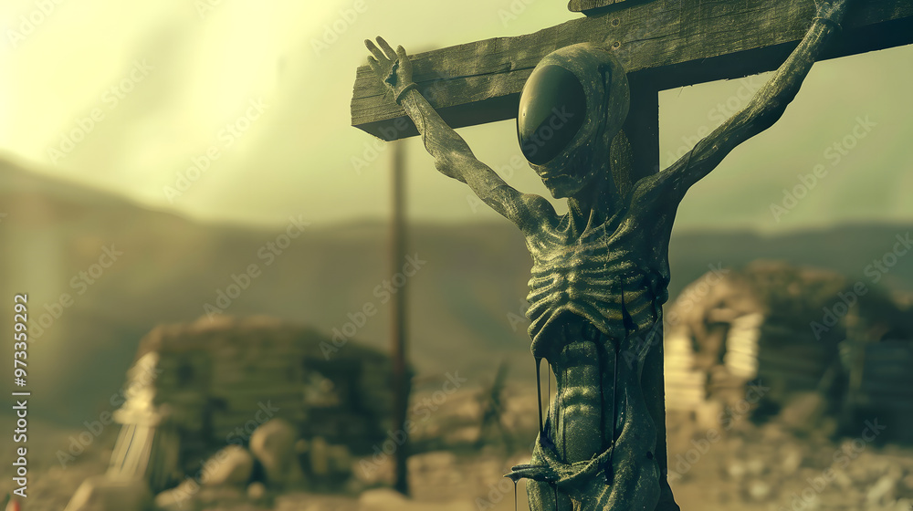 A surreal scene depicting an alien figure crucified on a cross in a ...