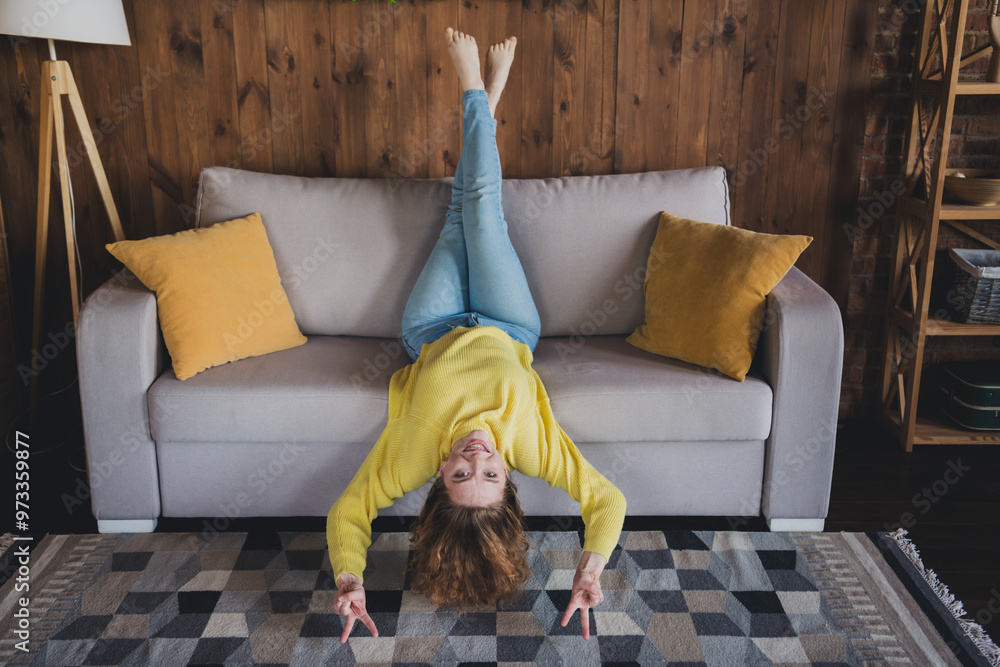 Full size photo of attractive young female lying sofa upside down ...
