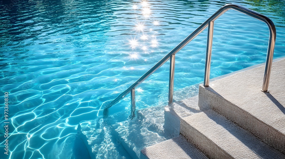 Crystal-clear swimming pool water with rippling sunlight reflections ...