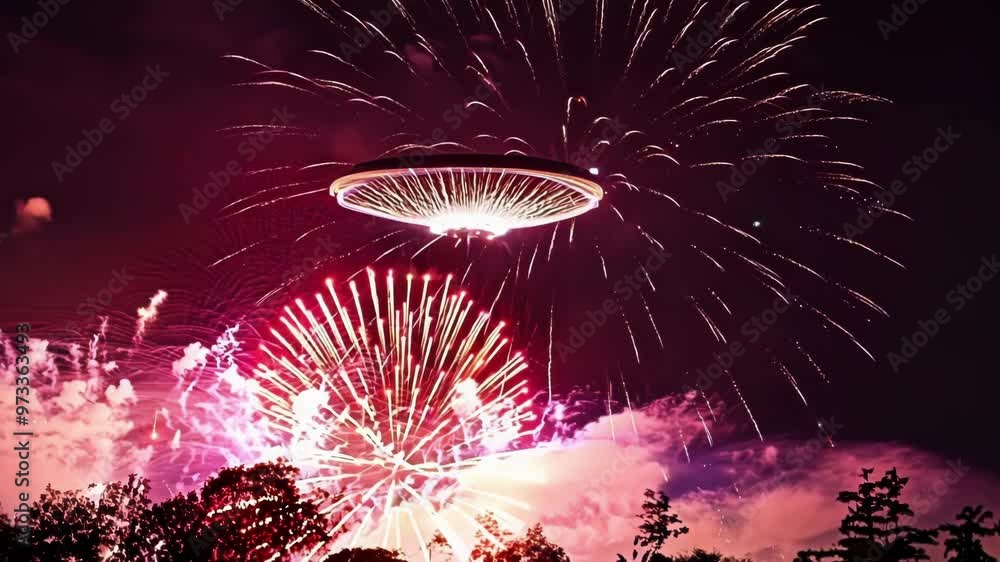 Colorful fireworks explode in the night sky over dark tree silhouettes ...