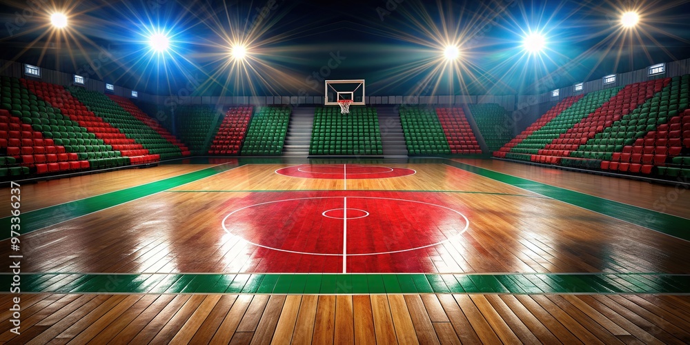 A stock photo of a basketball court with a red and green court design ...