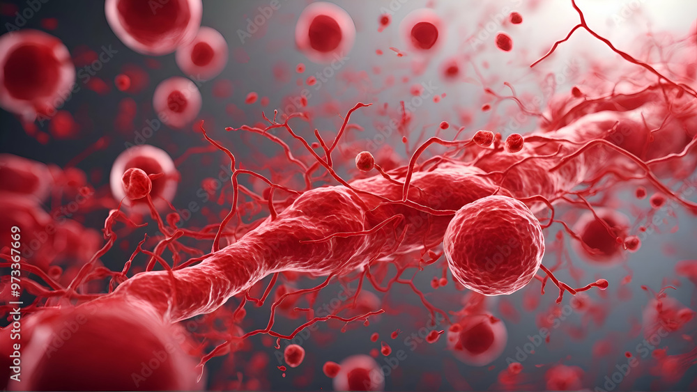 3d rendering of red blood cells in vein with depth of field, A 3D ...