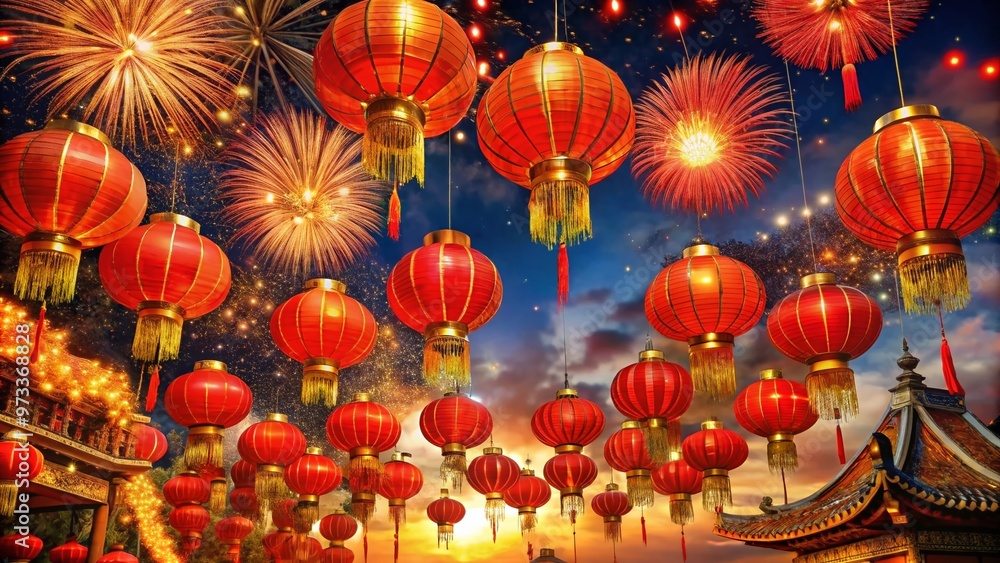 Vibrant red and gold decorations, lanterns, and firework bursts fill ...