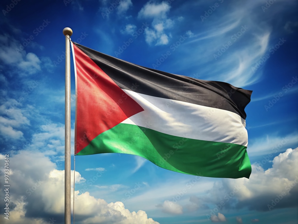 Vintage 1939 Palestine national flag waving in the wind, featuring ...