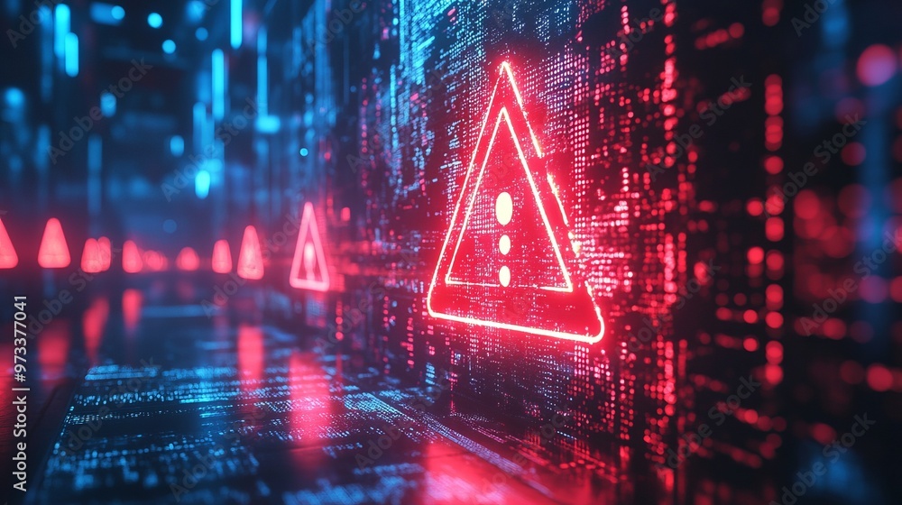 Red alert sign hologram and digital cybersecurity icons and password ...