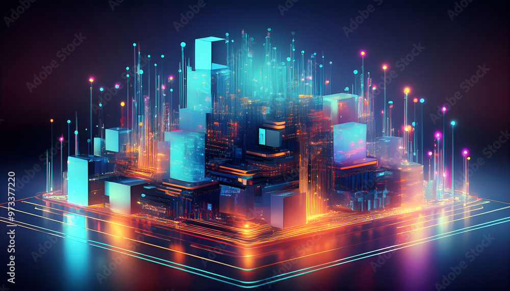 A digital future: futuristic cityscape with translucent skyscrapers as ...