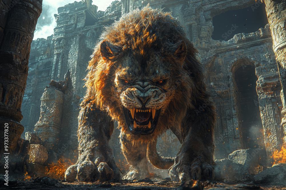 A monstrous hybrid with the body of a lion and the head of a serpent ...