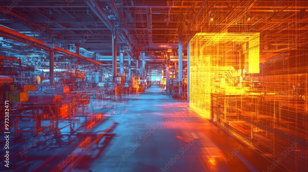 Heatmap of a factory floor, with warm colors highlighting areas of high ...