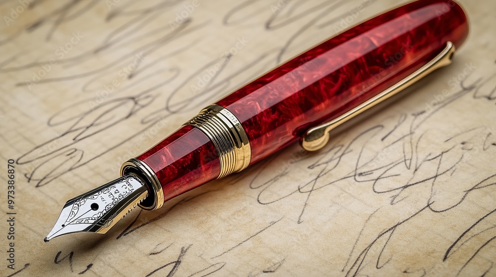 An elegant red fountain pen is displayed on a lightly scribbled sheet ...