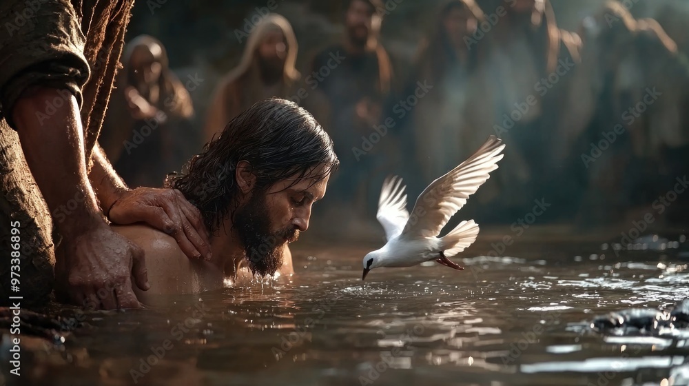 Divine affirmation: baptism of Jesus Christ by John in Jordan River ...