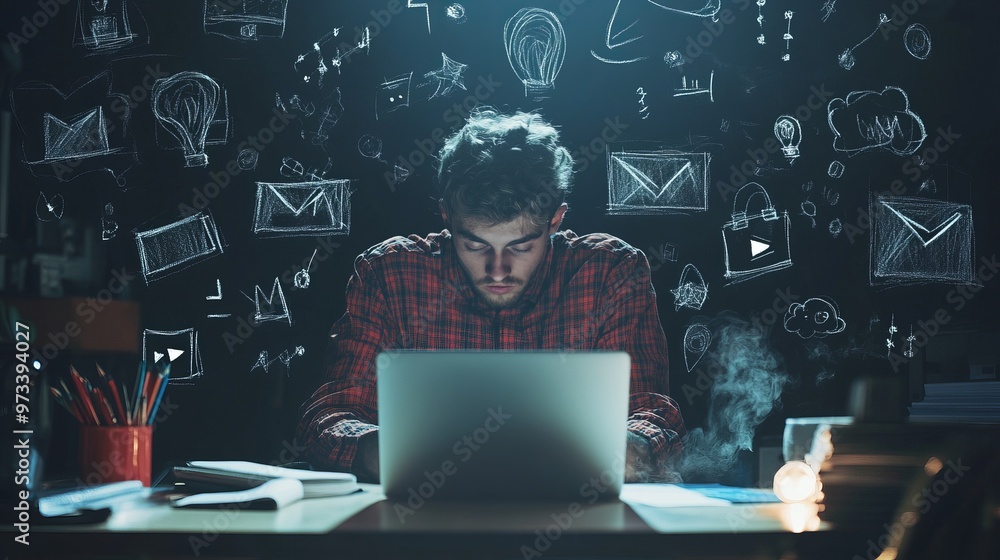 Vertical poster collage young man freelancer remote job laptop ...