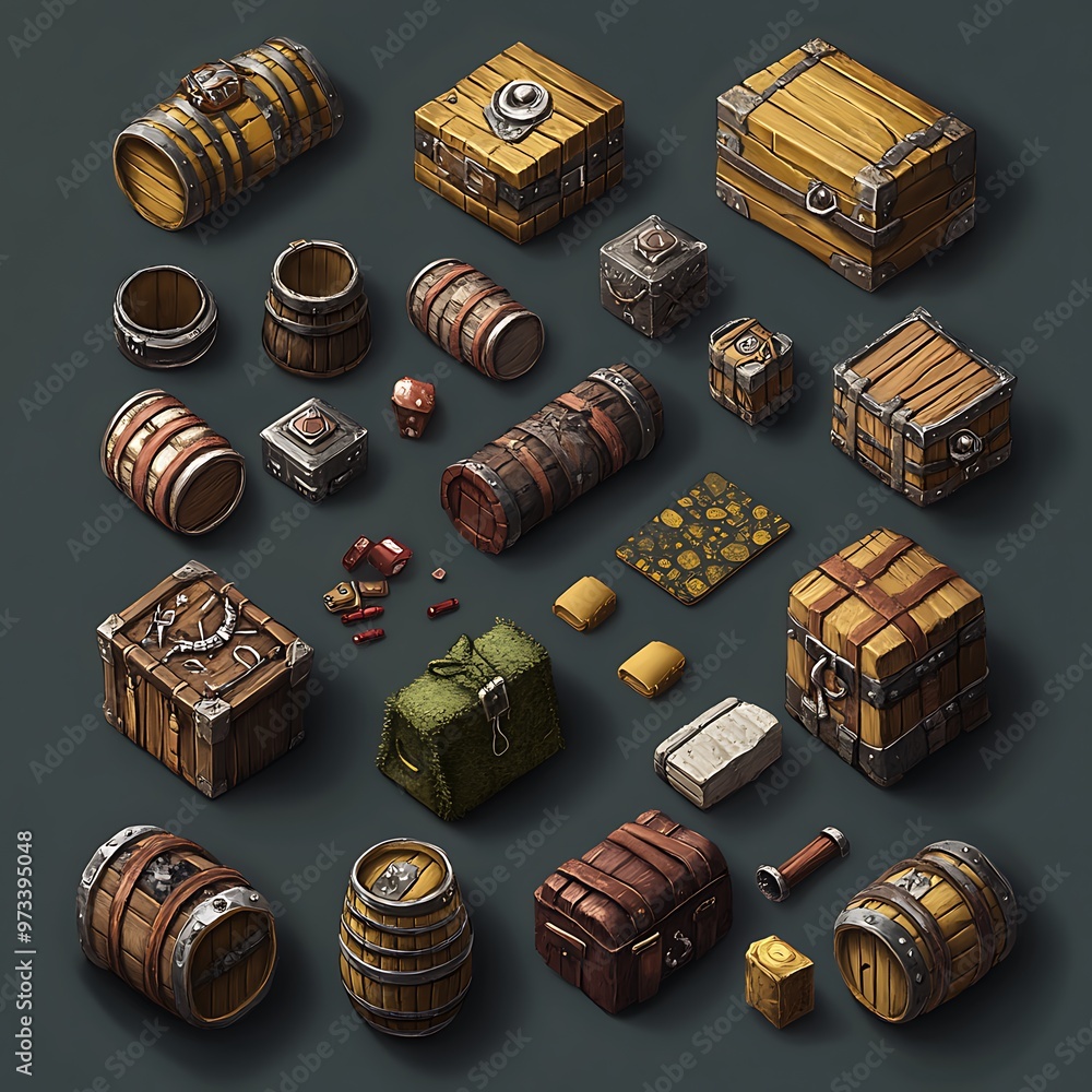 2D Isometric Game Asset Pack, Wooden Barrels, Chests, and Boxes Stock ...
