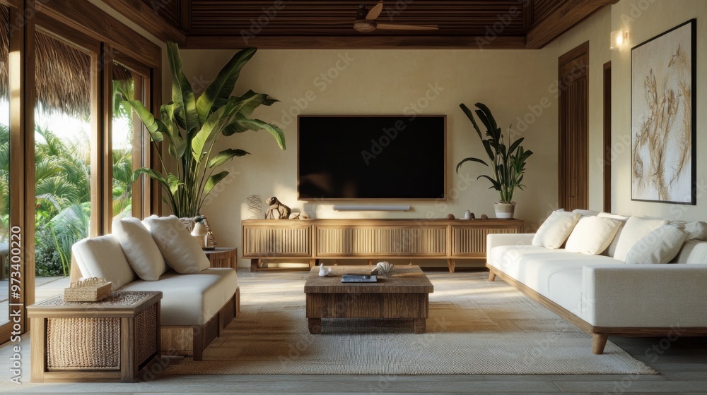 Interior of a wooden living room with a corner sofa, an art-decorated ...