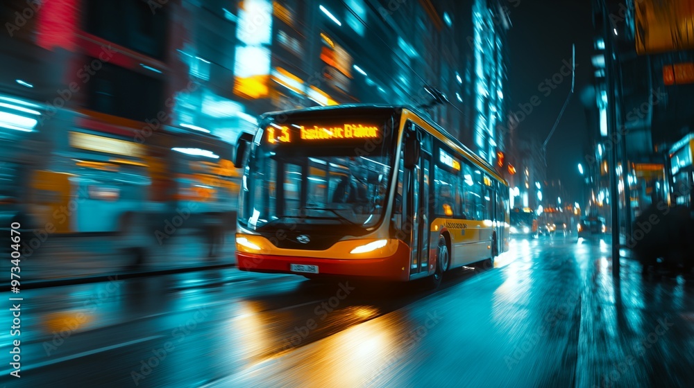 a bus driving down a street at night time with buildings in the ...
