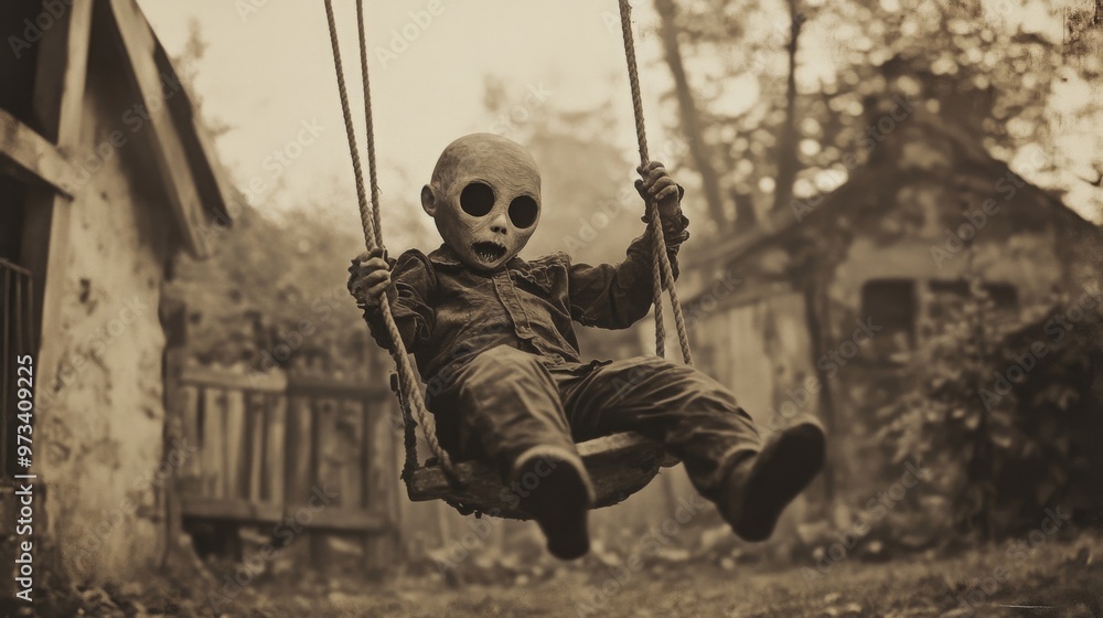 A Haunting Scene: Skull-Headed Midget with Black Eyes Swings in a ...