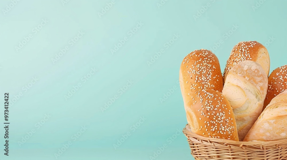 Basket of freshly baked bread rolls with sesame seeds on a mint green ...