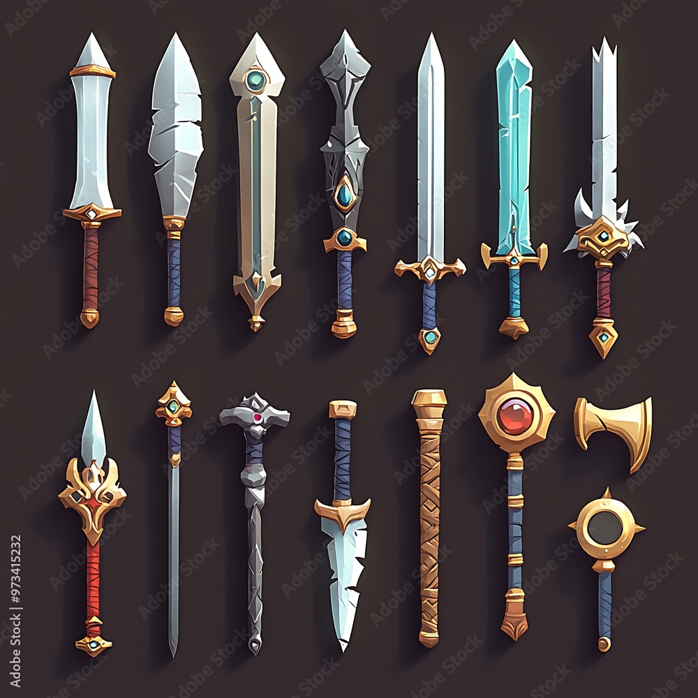 Cartoon fantasy game weapon assets, swords, daggers, axes, staffs, and ...