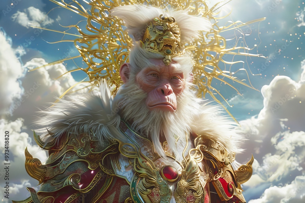 Sun Wukong, the Monkey King, depicted with a radiant golden halo behind ...