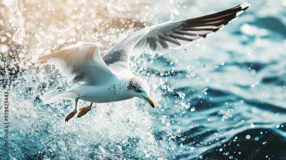 Seagull in flight skimming over splashing ocean waves with sunlight ...