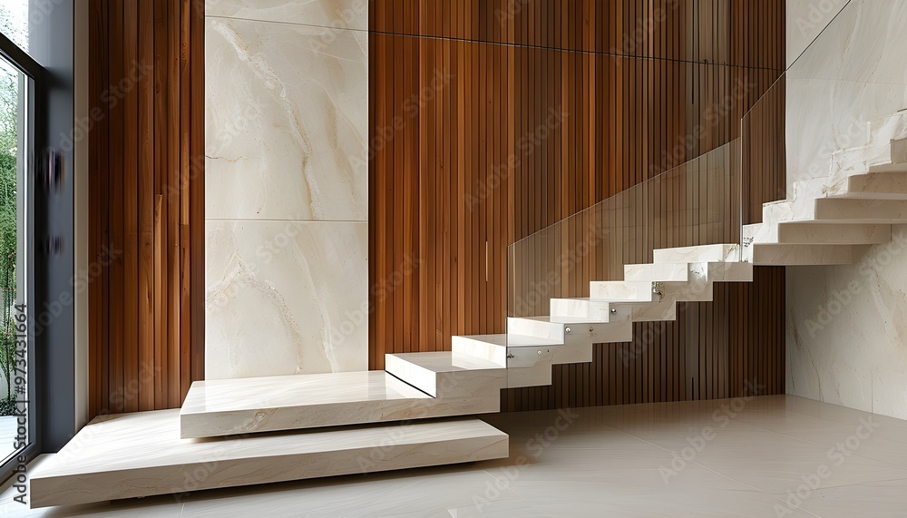 Elegant ivory marble window and paneled wood wall complementing a U ...
