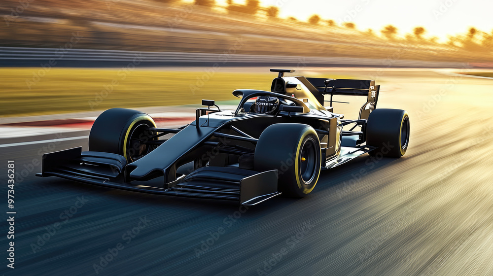 A black race car is speeding down a track. The car is sleek and ...