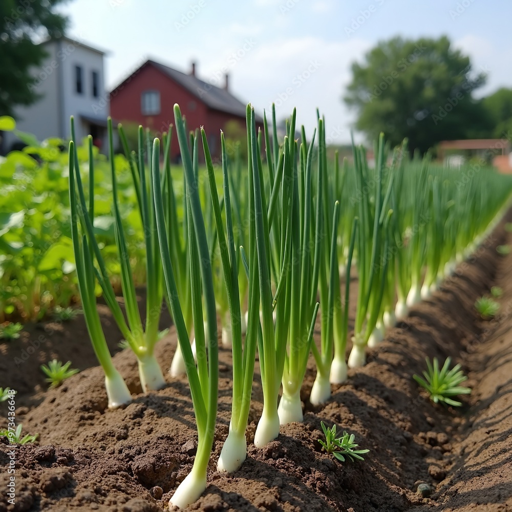 Organic scallions in orderly row garden backdrop with farmhouse and ...