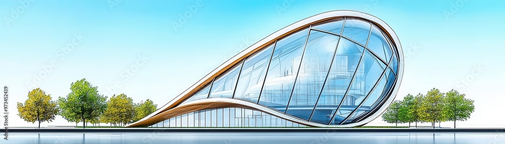 A modern public building shaped like a raindrop hitting a surface, with ...