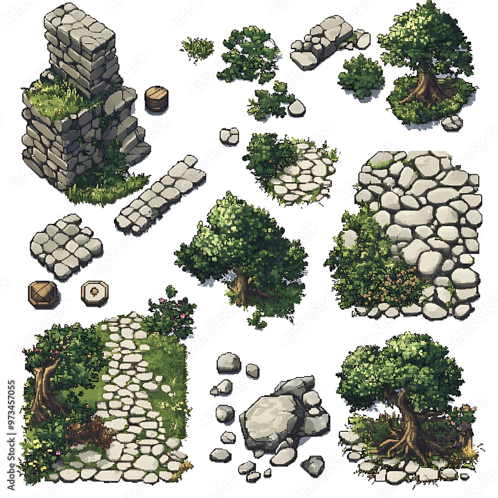 Top Down 2D Game Assets, Stone Path, Ruins, and Bushes for Isometric ...