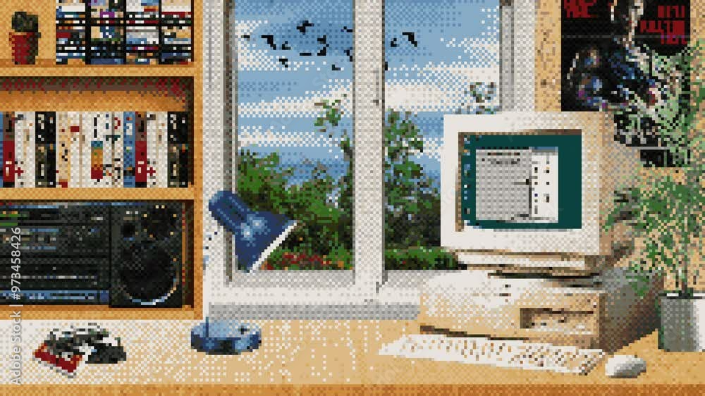 8-bit room interior from the past. Pixel vintage room background from ...