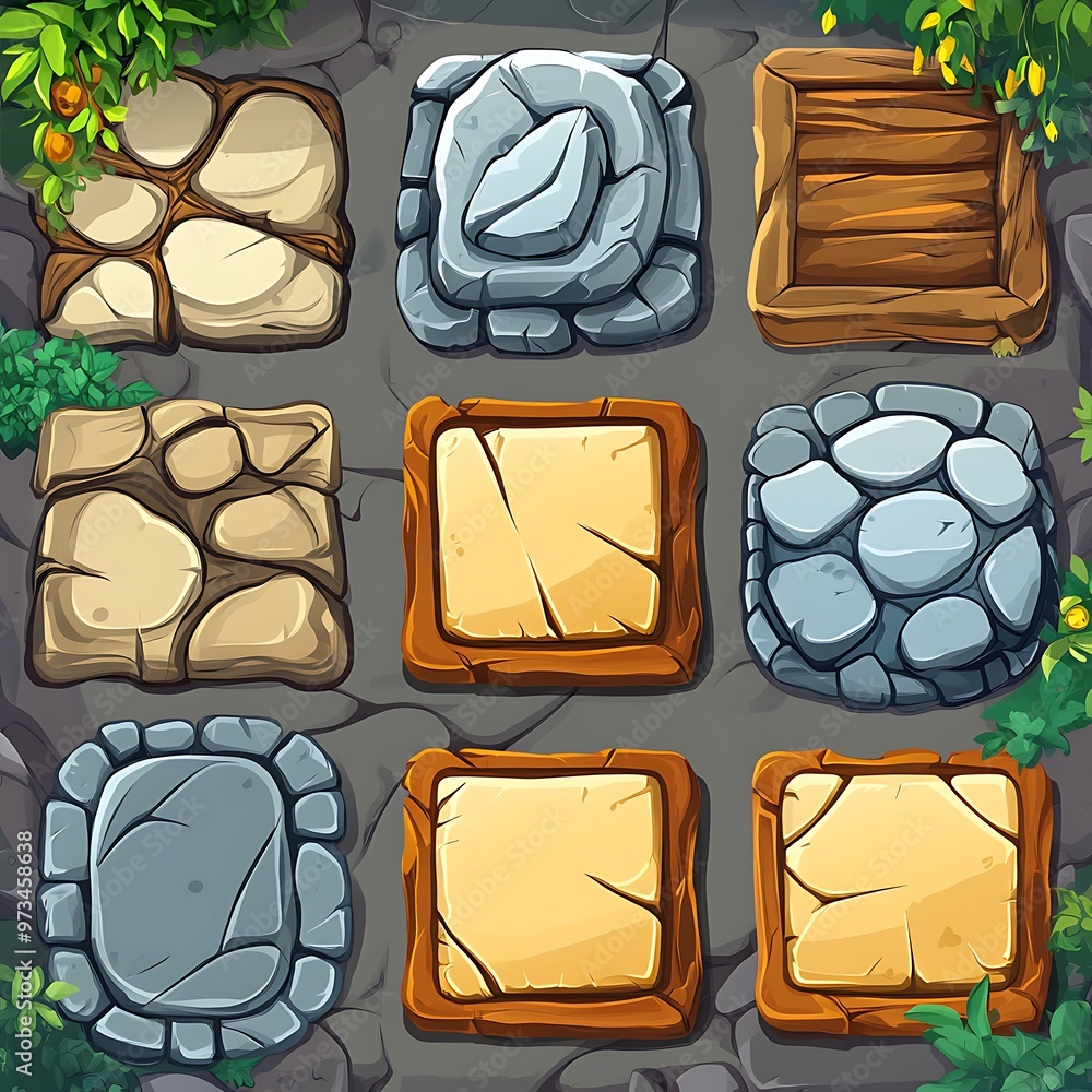 Cartoon tile sprites for game development, including stone, wood, and ...
