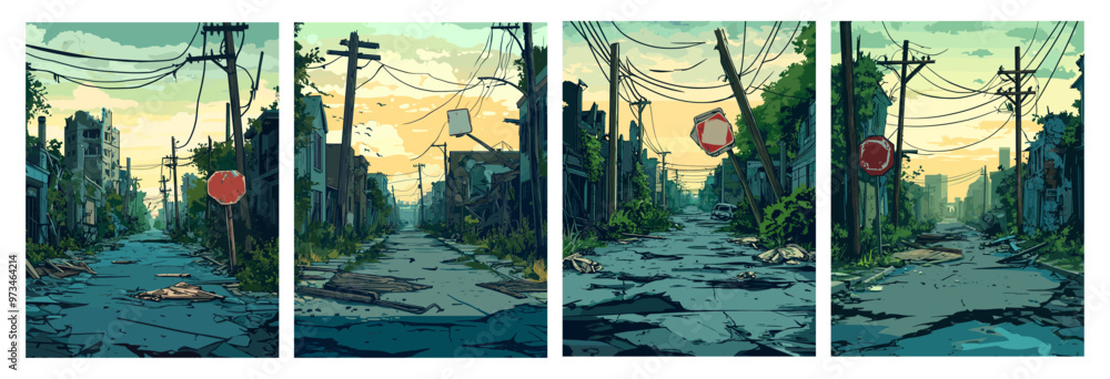 Ruined streets. Post apocalyptic posters, broken urban landscape ...